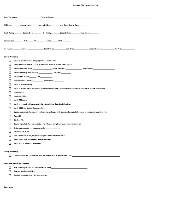 Accepted Offer Setup Checklist | Processing Checklist | MLO Toolkit